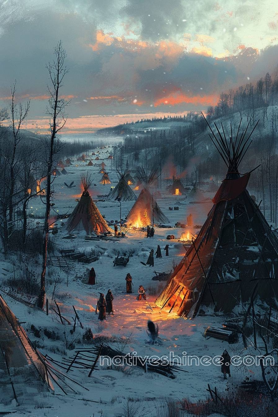Winter Night in a Peaceful Tribal Village Native American Canvas ...