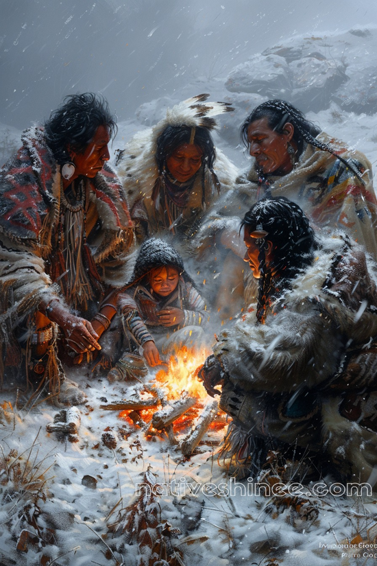 A Native Family's Hearth Amidst the Snow Native American Canvas ...