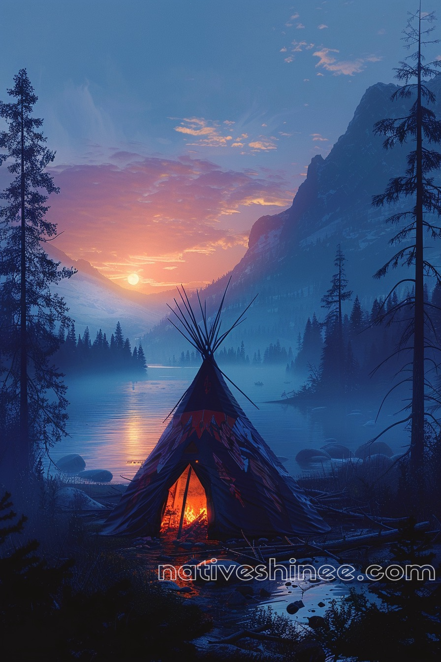 Twilight Glow with Teepee by the Lake Native American Canvas – NativeShinee