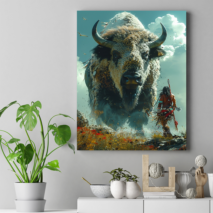 Warrior's Encounter with the Great Bison Native American Bison Canvas ...