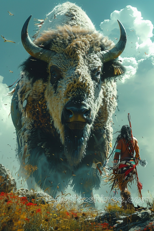 Warrior's Encounter with the Great Bison Native American Bison Canvas ...