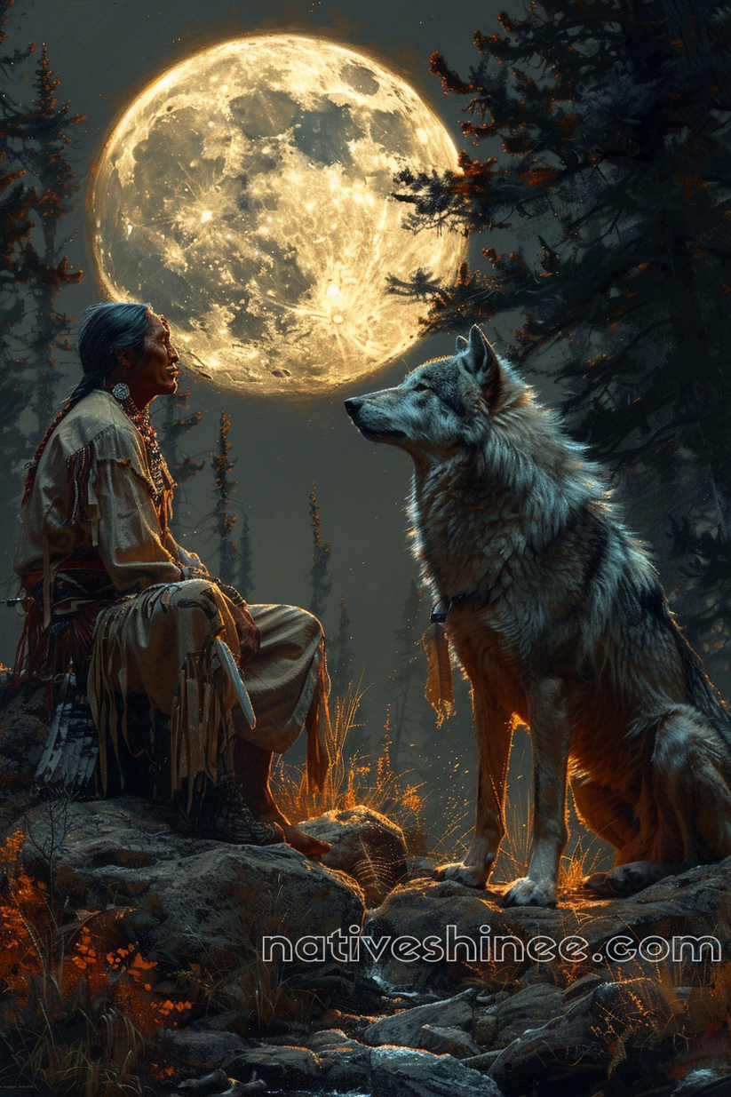 Moonlit Companions: Man and Wolf Native American Canvas – NativeShinee