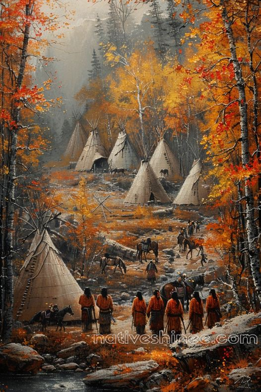 Autumn Gathering in the Teepee Village Native American Canvas ...