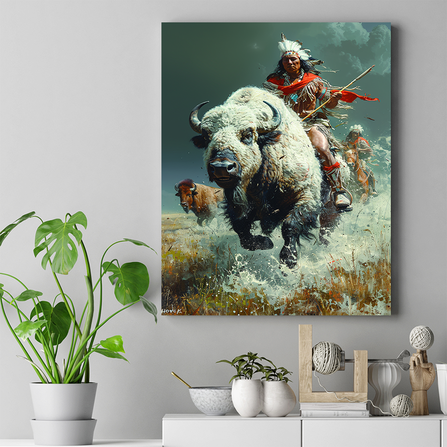 A Warrior's Ride on the Sacred White Bison Native American Canvas ...