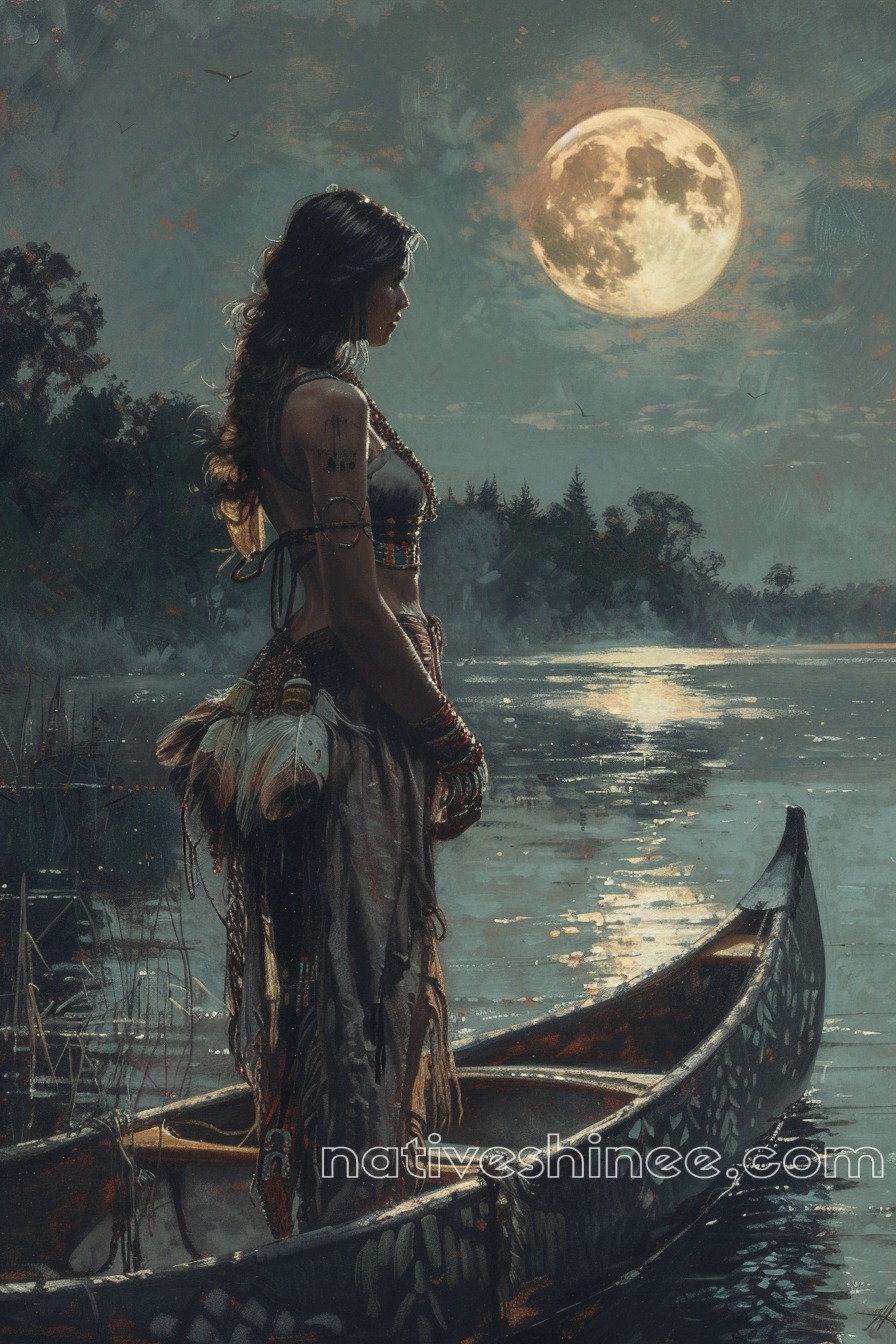 Midnight Journey of Pretty Native Woman on the Lake Native American Ca ...