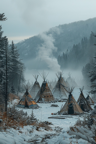 Teepees in the Winter Mist Native American Canvas – NativeShinee