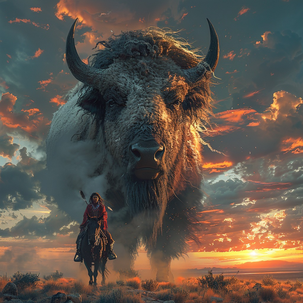 Sunset with the Bison Spirit Horse Native American Canvas – NativeShinee